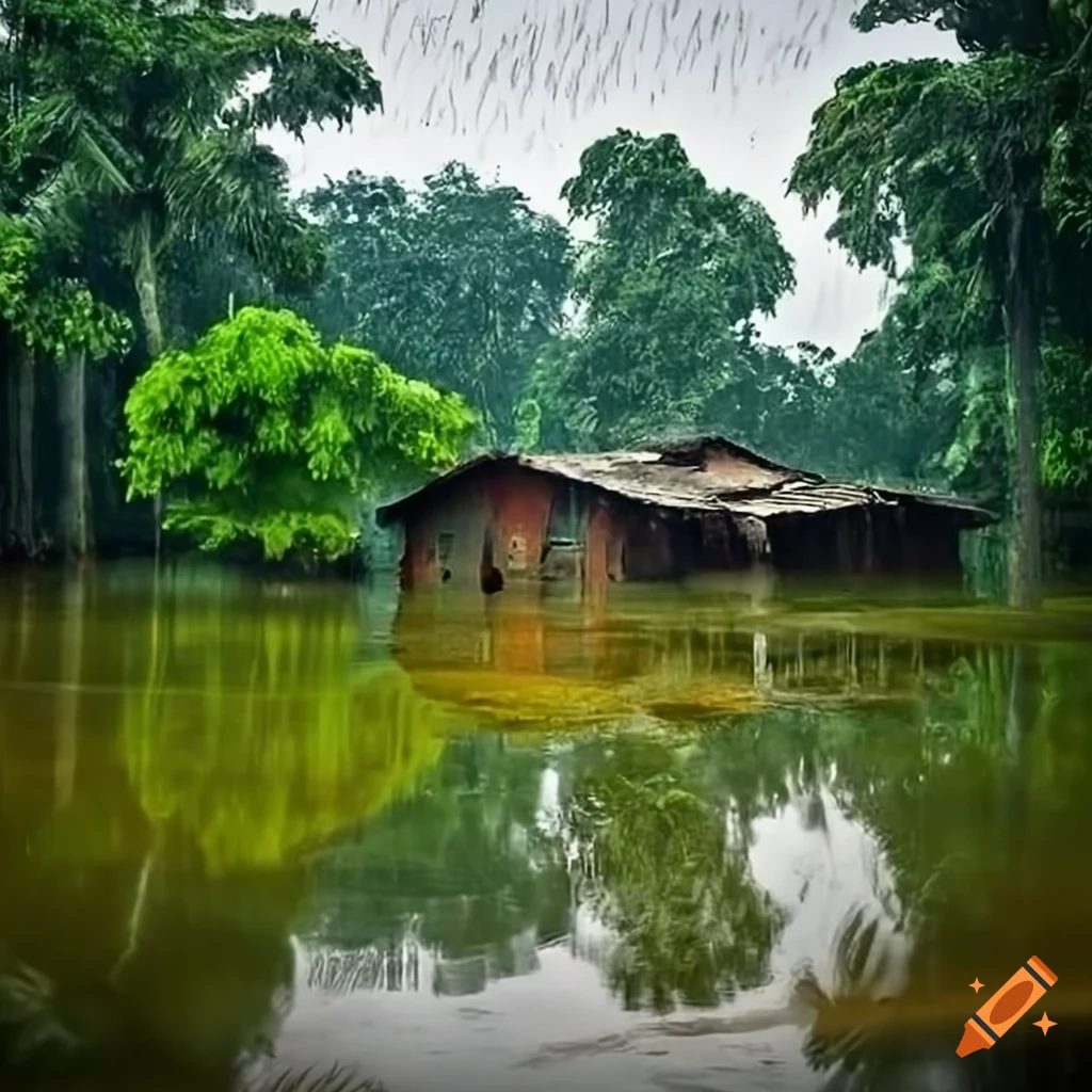 Photographic image of a rainy village scene in bangladesh on Craiyon