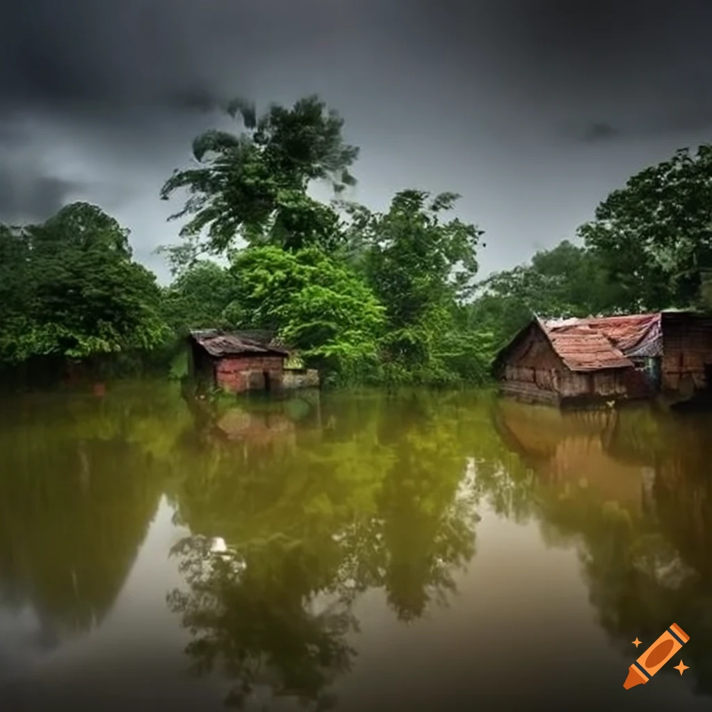 Photographic image of a rainy village scene in bangladesh