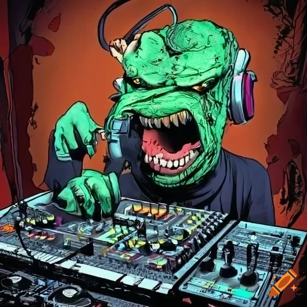Simon bisley-style artwork of a lizard dj on Craiyon