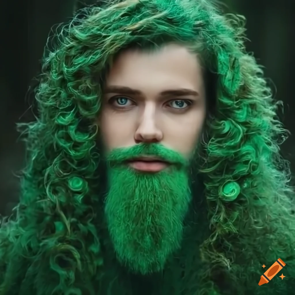 Portrait of a man with green skin and moss beard in the forest on Craiyon