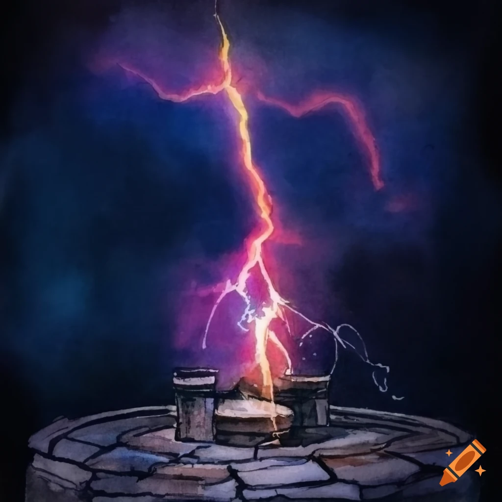 Watercolor of lightning emerging from a well