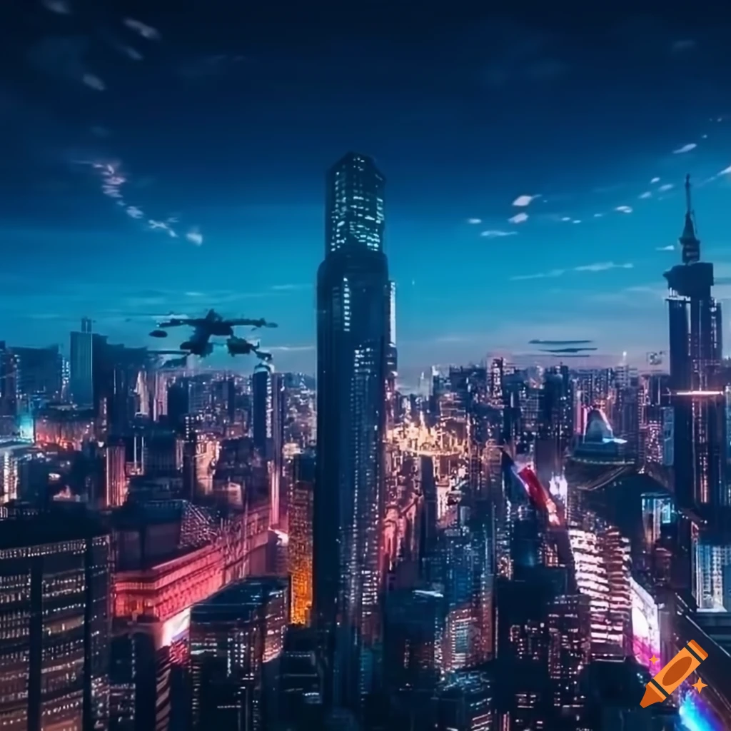 Futuristic city with robots and flying cars