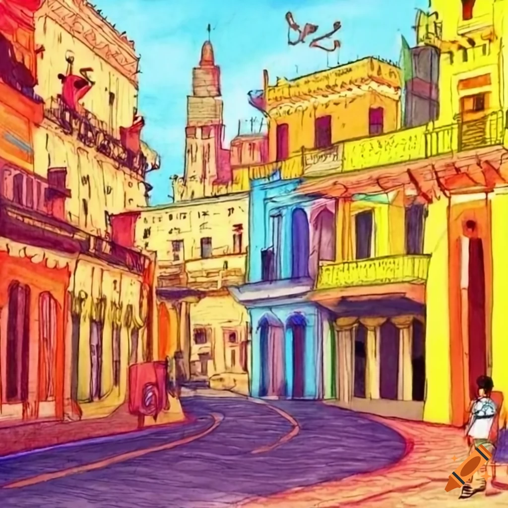 Mc escher style drawing of an old cuban city