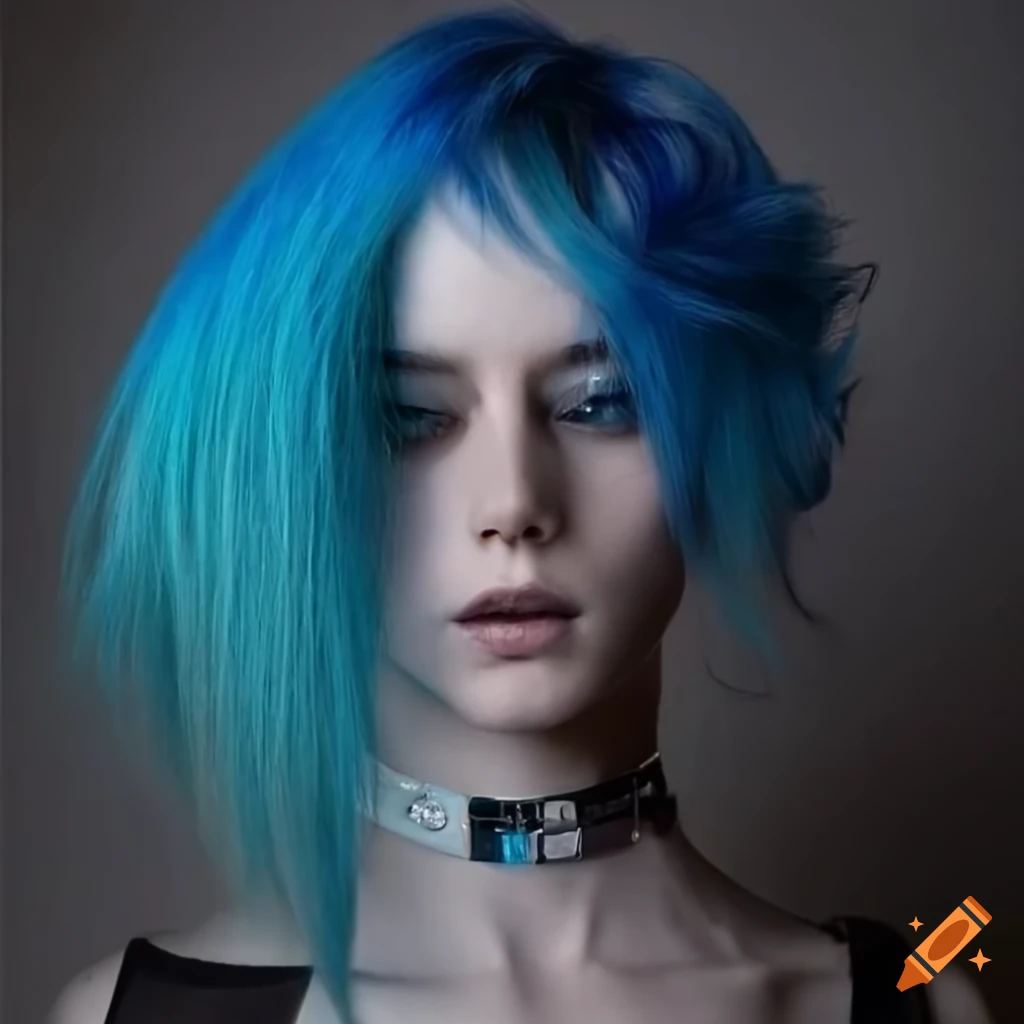 Edgy fashionista with blue wolf cut hairstyle