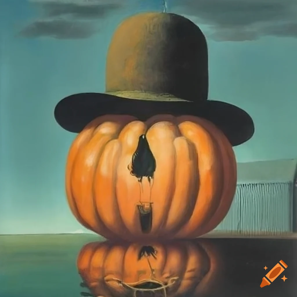 Surreal painting of a man with a hat and floating pumpkin