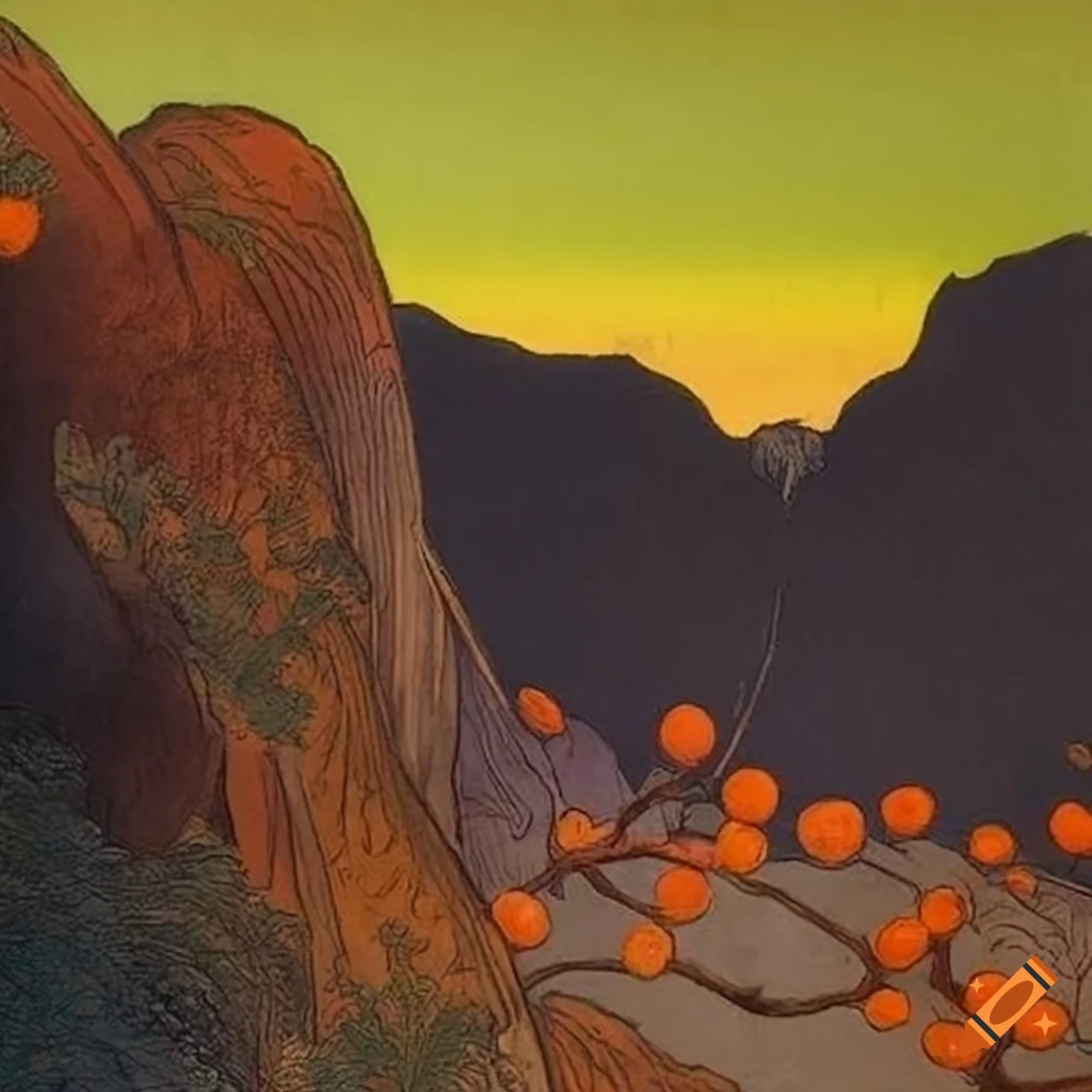 Ukiyo-e illustration of persimmon trees on a cliff during the golden ...