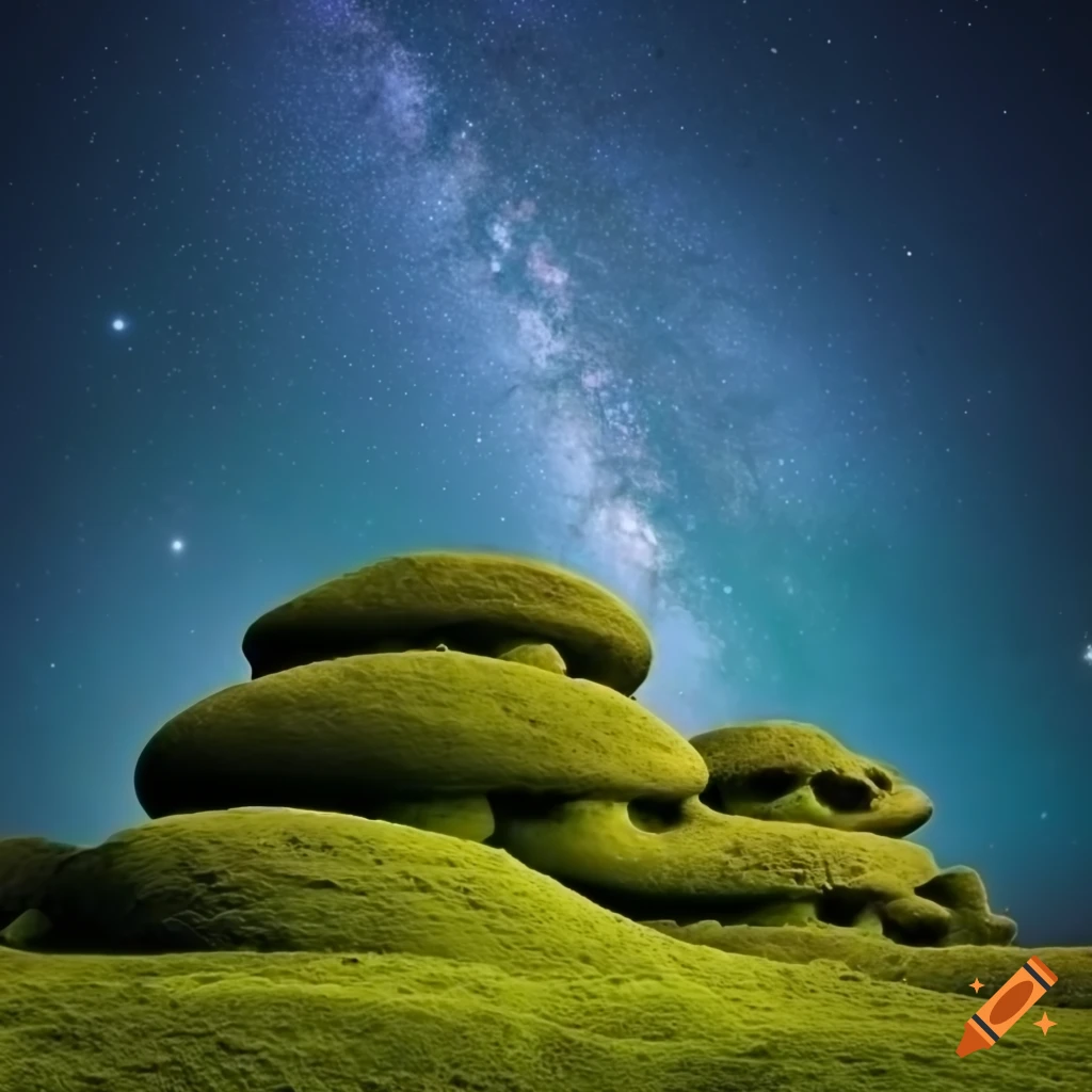 Moss-covered biomorphic stone buildings with a milky way background