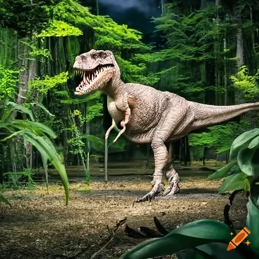 Illustration of t-rex stepping on a plant on Craiyon