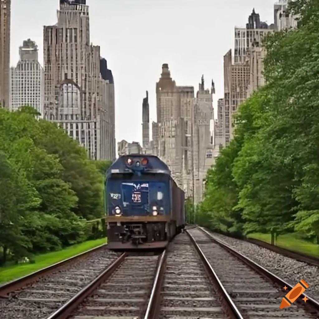 Passenger train passing by central park on Craiyon