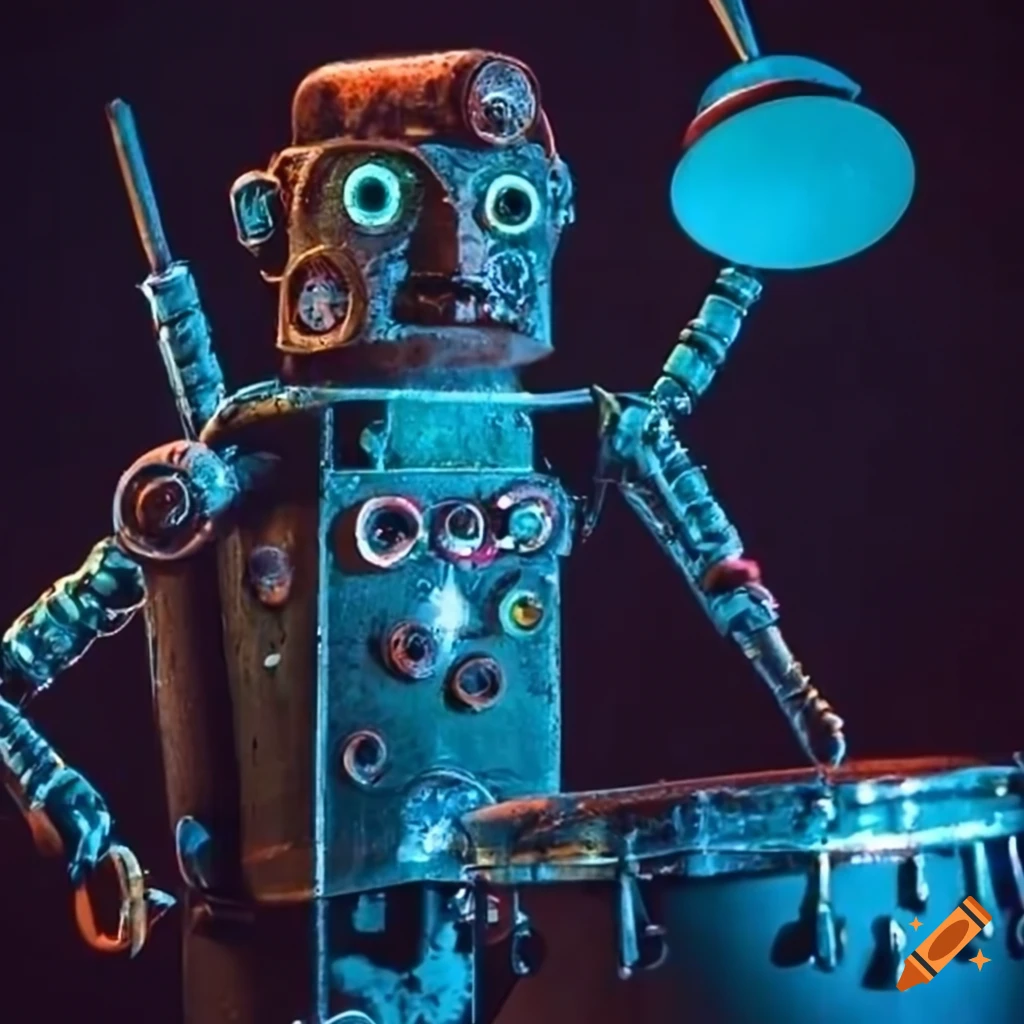 Neon robotic drummer playing percussion on Craiyon