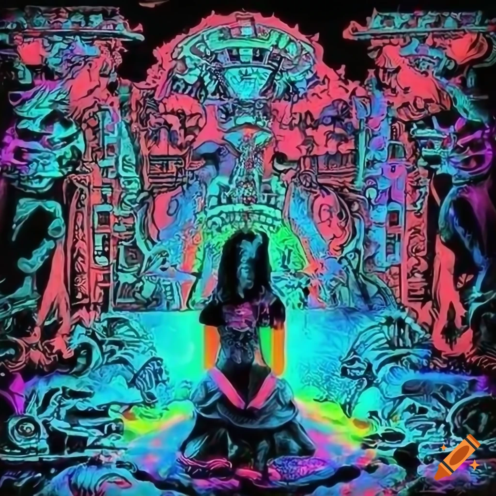 Intricate mural of a girl praying at Aztec temples on Craiyon