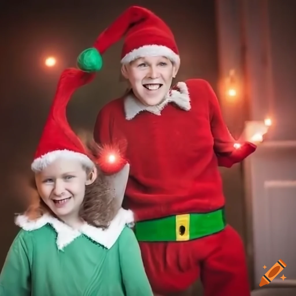 Illustration of an elf family on a christmas card