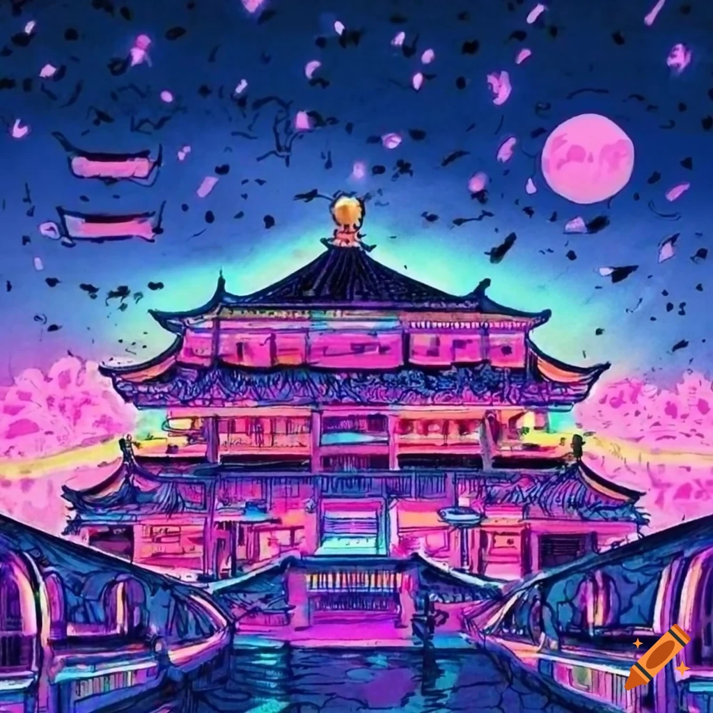 Vibrant pen and ink illustration of a chinese palace at night