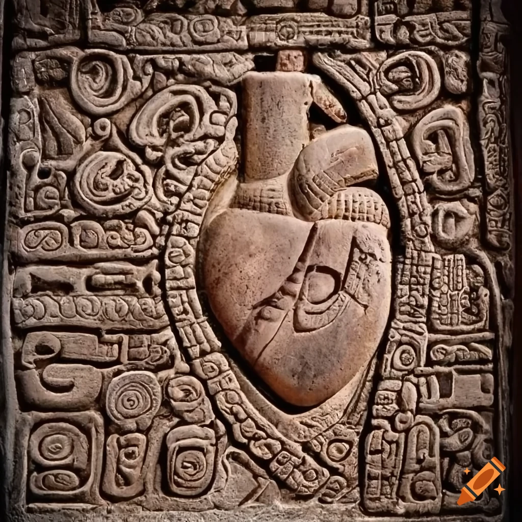 Maya hieroglyphs of anatomical heart on stone stela on Craiyon