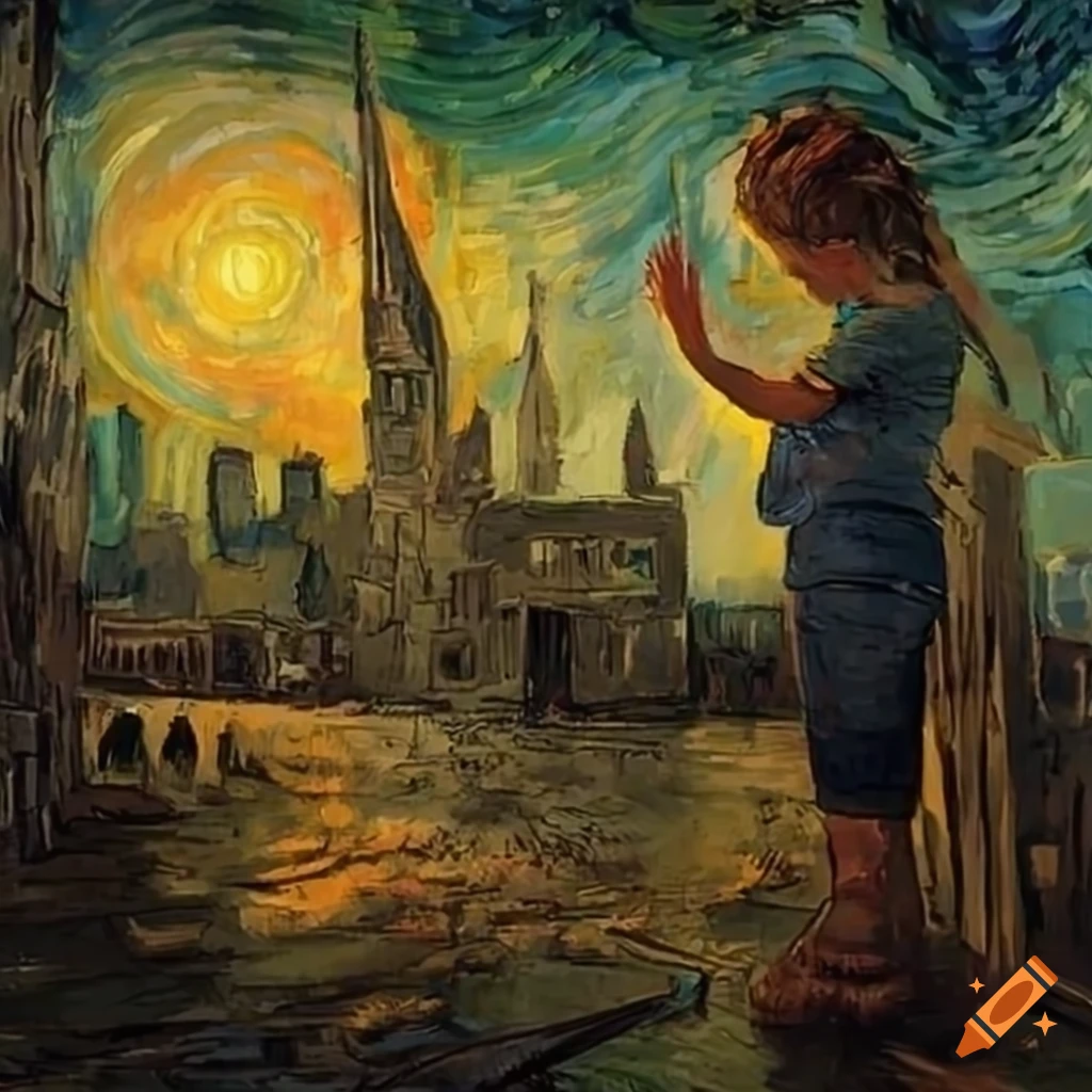 Van gogh-style painting of a devastated war city