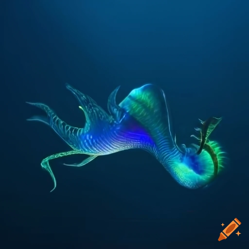 Detailed illustration of an iridescent fantasy plant creature underwater on Craiyon