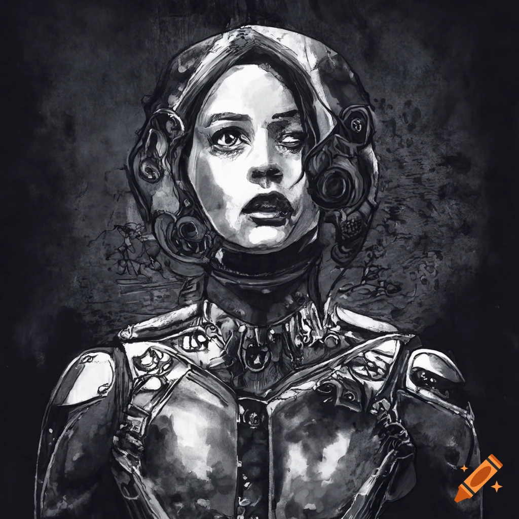 Black and white watercolor painting of a sci-fi noblewoman on Craiyon