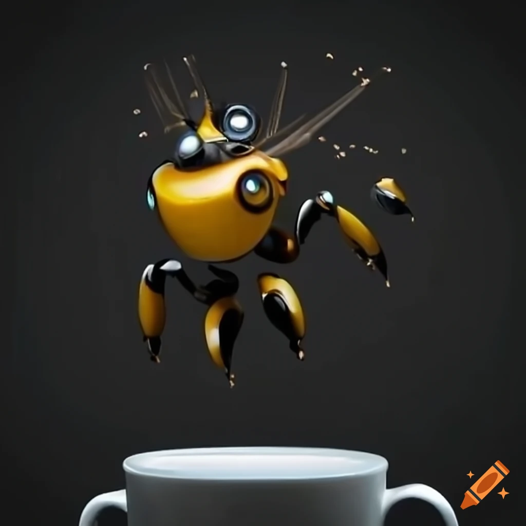 Robot bee hovering over a cup of coffee on Craiyon