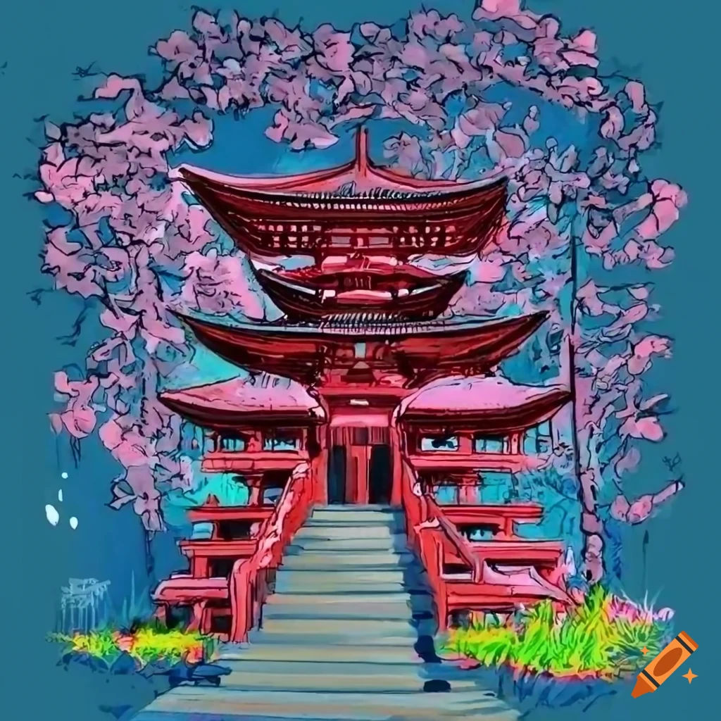 Pen and ink illustrated stairs leading to a japanese red temple on Craiyon