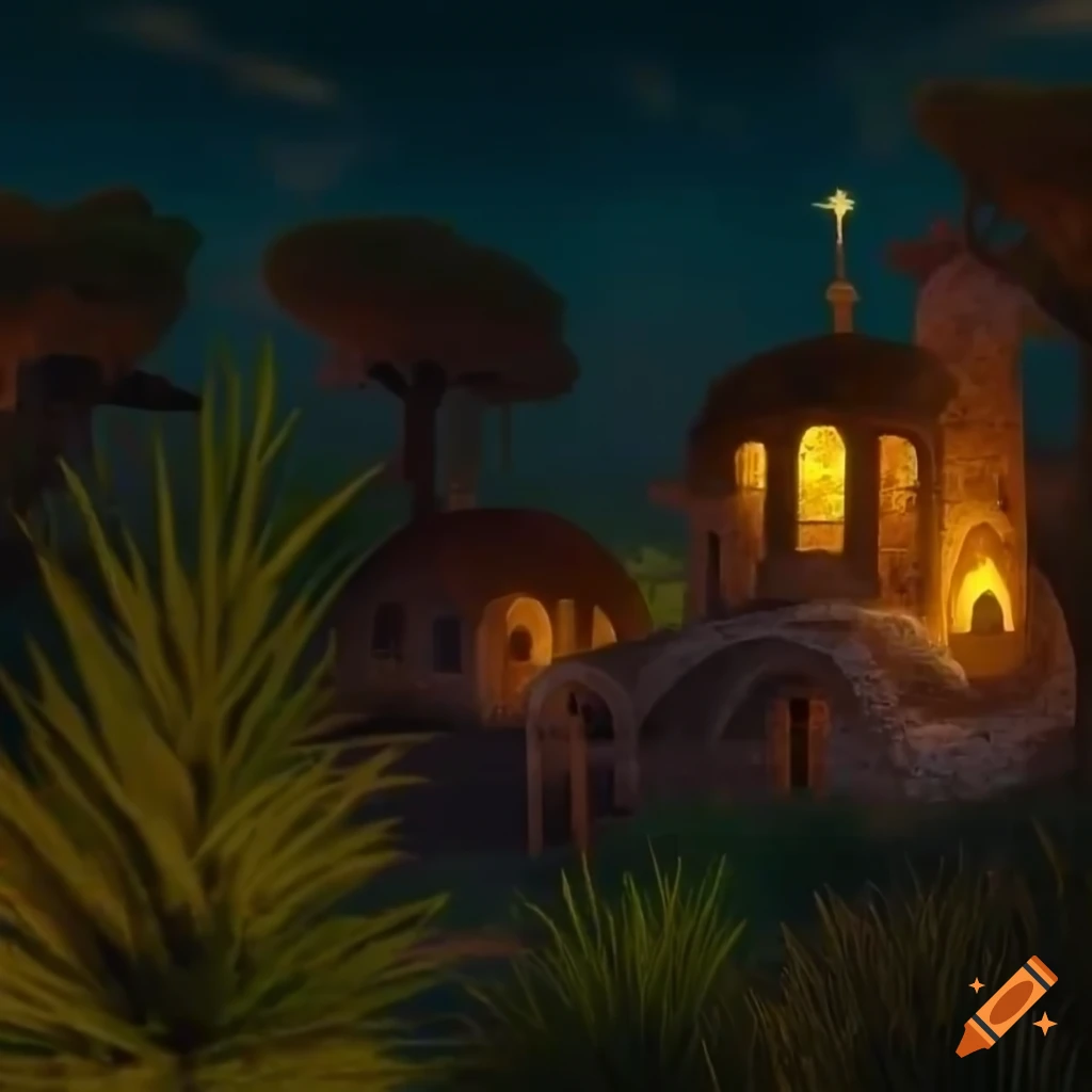 Night scene of a byzantine village in a cypress forest