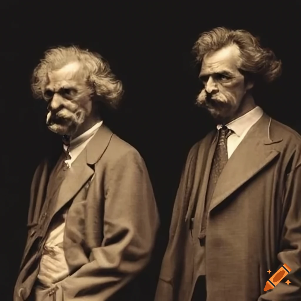 Realistic photo of three Mark Twain look-alikes on stage on Craiyon