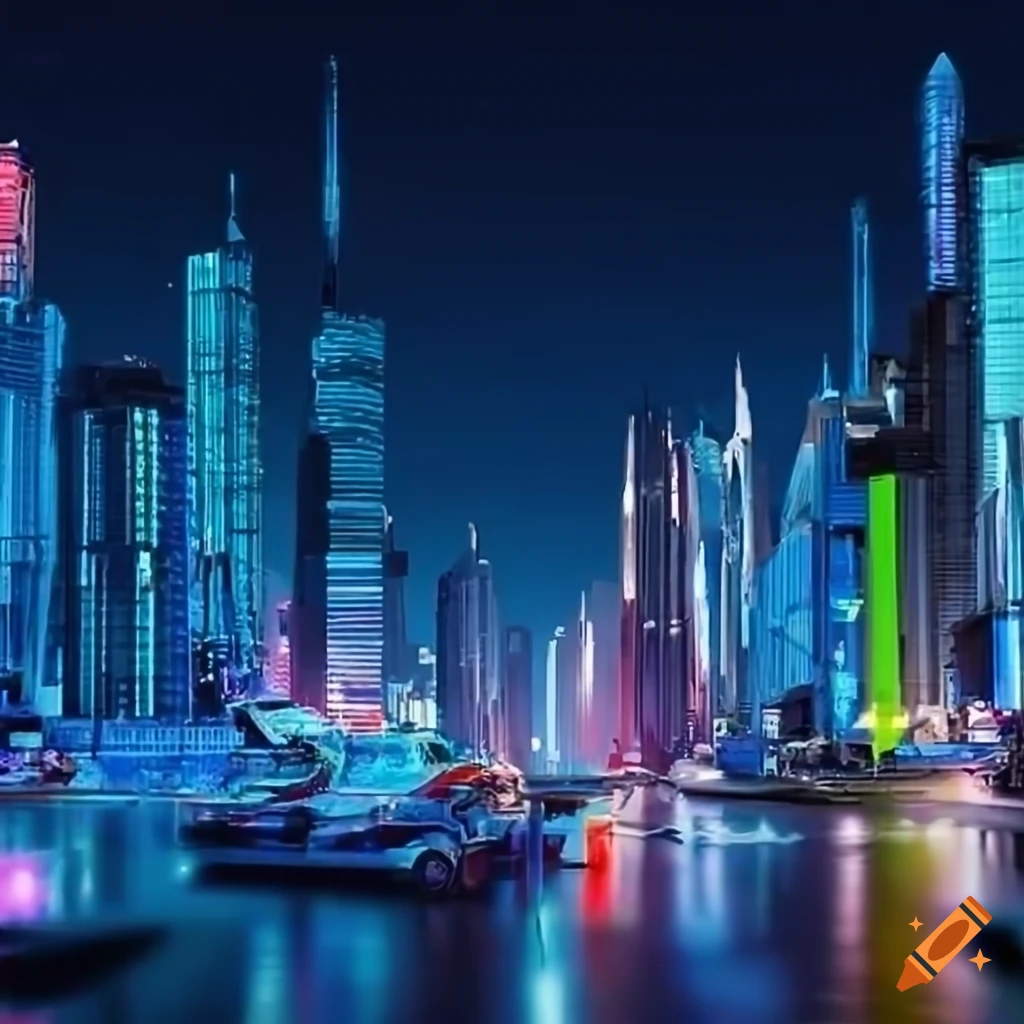 Futuristic city with robots, flying cars, and neon lights on Craiyon