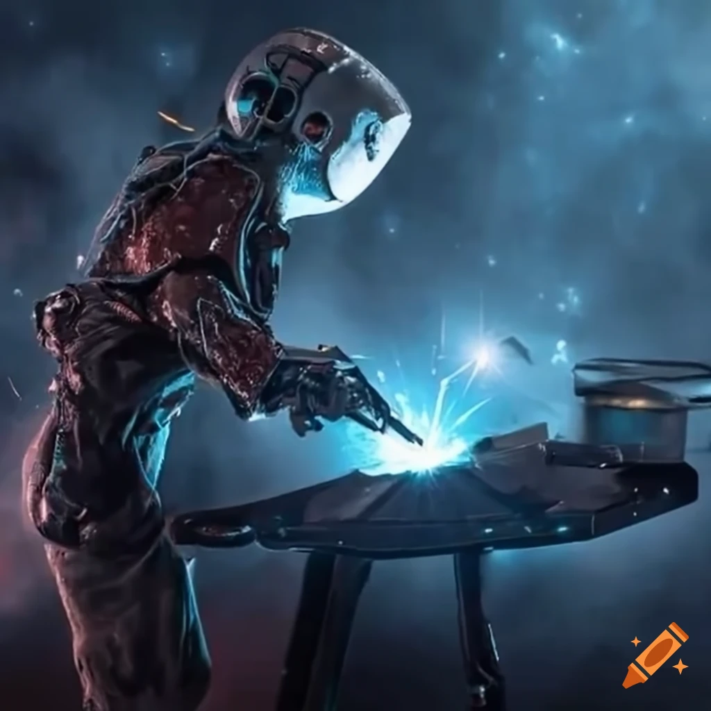 Image of an extraterrestrial welding a futuristic spaceship on Craiyon