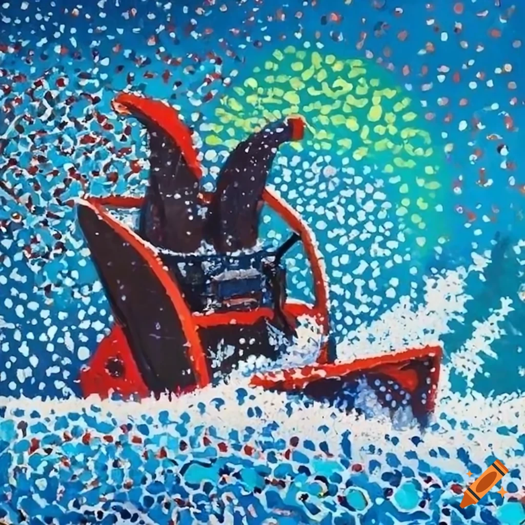Pointillism painting of a snowblower in action on Craiyon