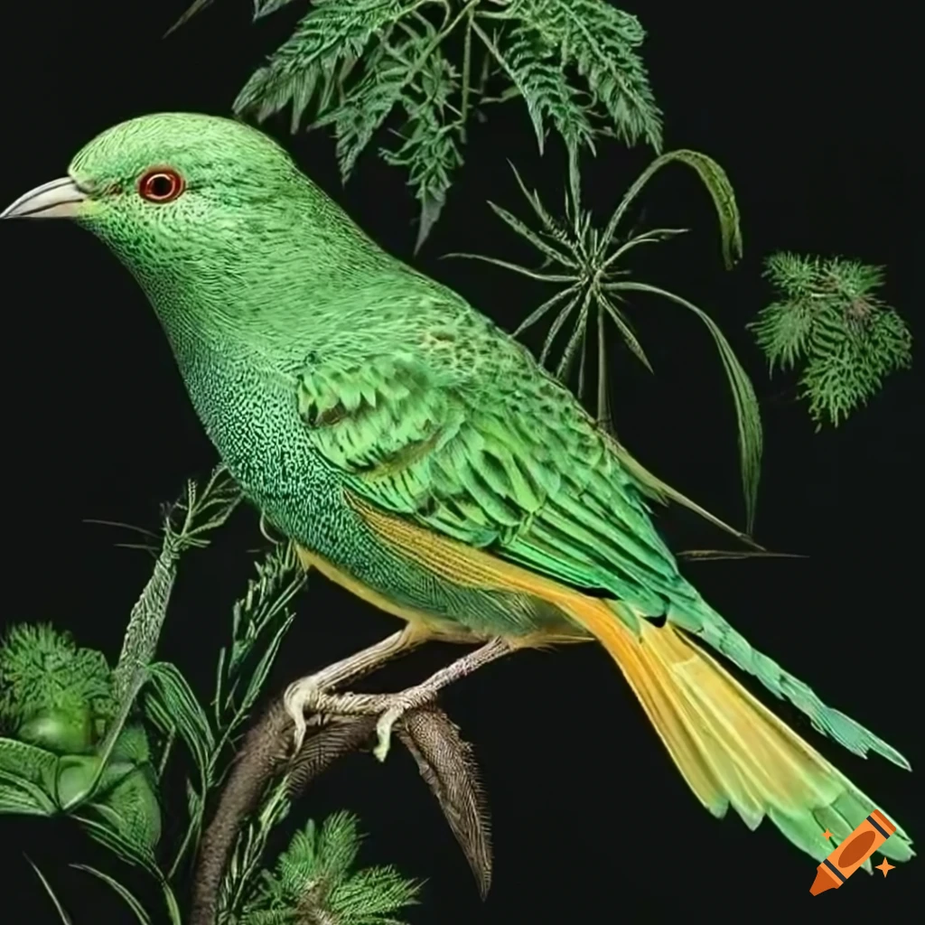 Graphic art style lithograph of exotic flowers, birds, and snakeskin trees intertwined in high ...