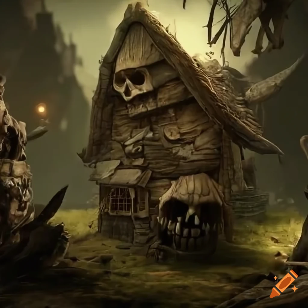 Fantasy village inside a monster skull