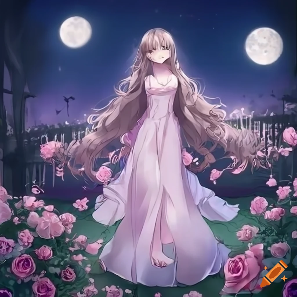 Ethereal anime girl in moonlit rose garden