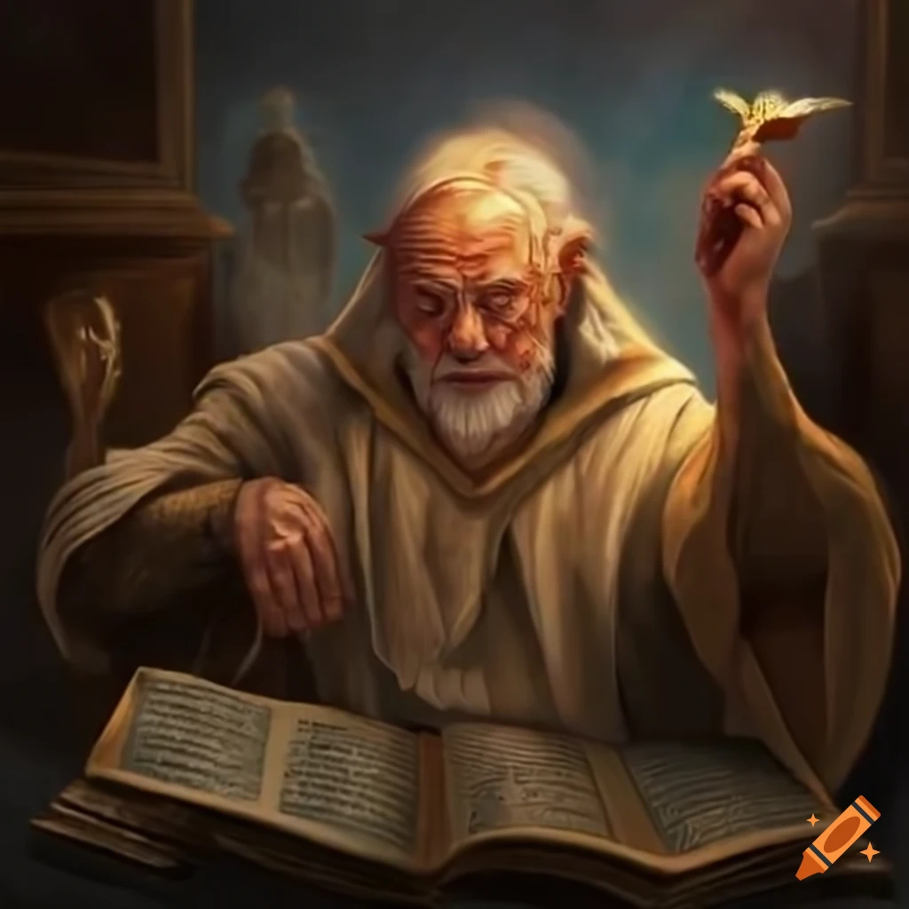 Painting of an old prophet reading a tome on Craiyon