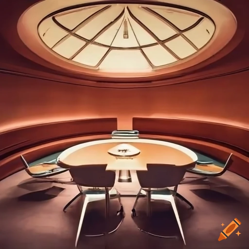 1960s conference room in spaceship interior