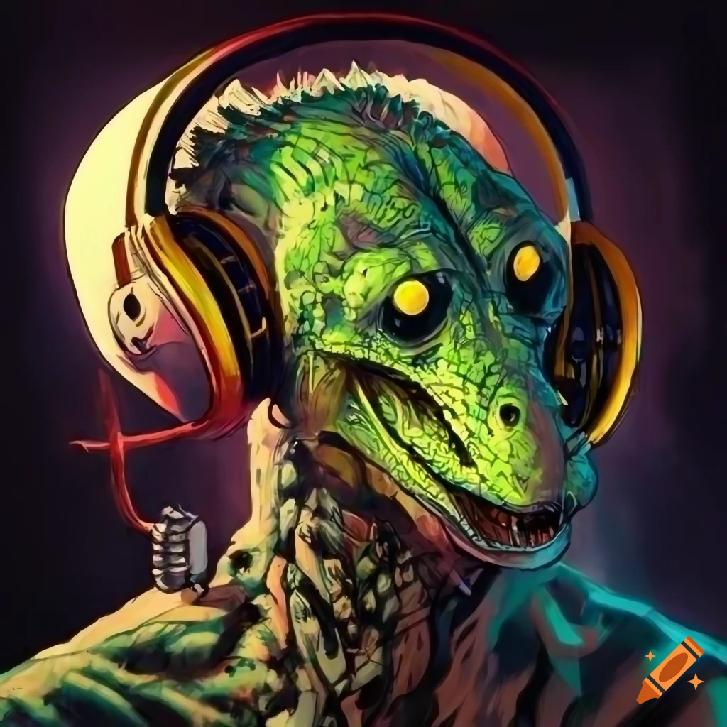 Space soldier with a lizardman head holding a ray gun in old weird ...