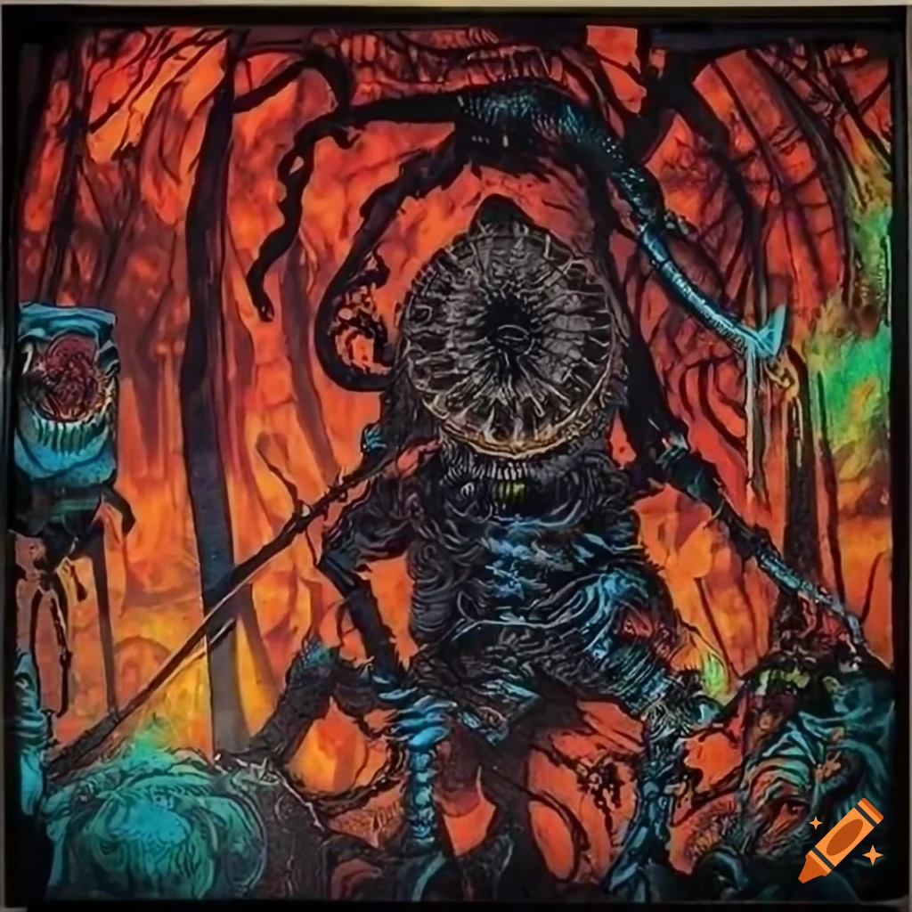 Intricate mural of a dreadlock warrior fighting demons in a forest on ...