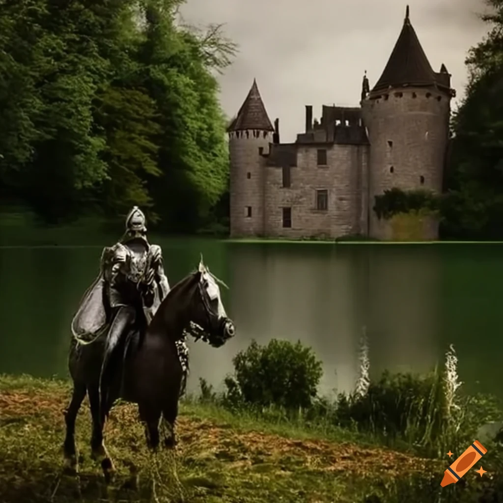 Eerie knight on horseback surrounded by fog with castle in the ...