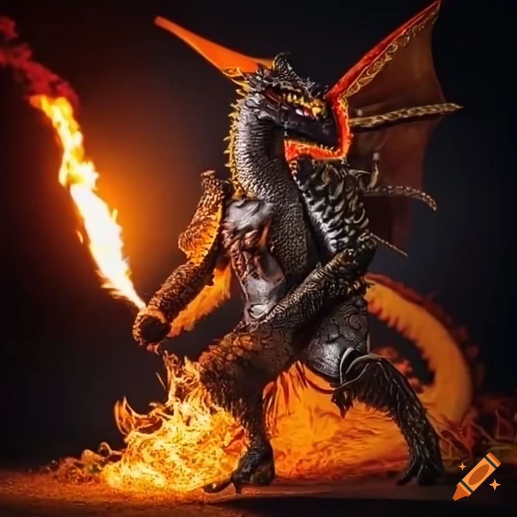 Dragon wearing armor breathing fire on Craiyon