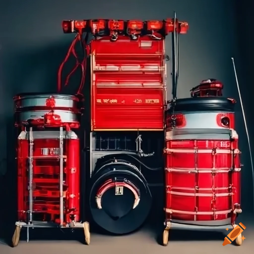 Cityscape with fire station and drum kit in mountains