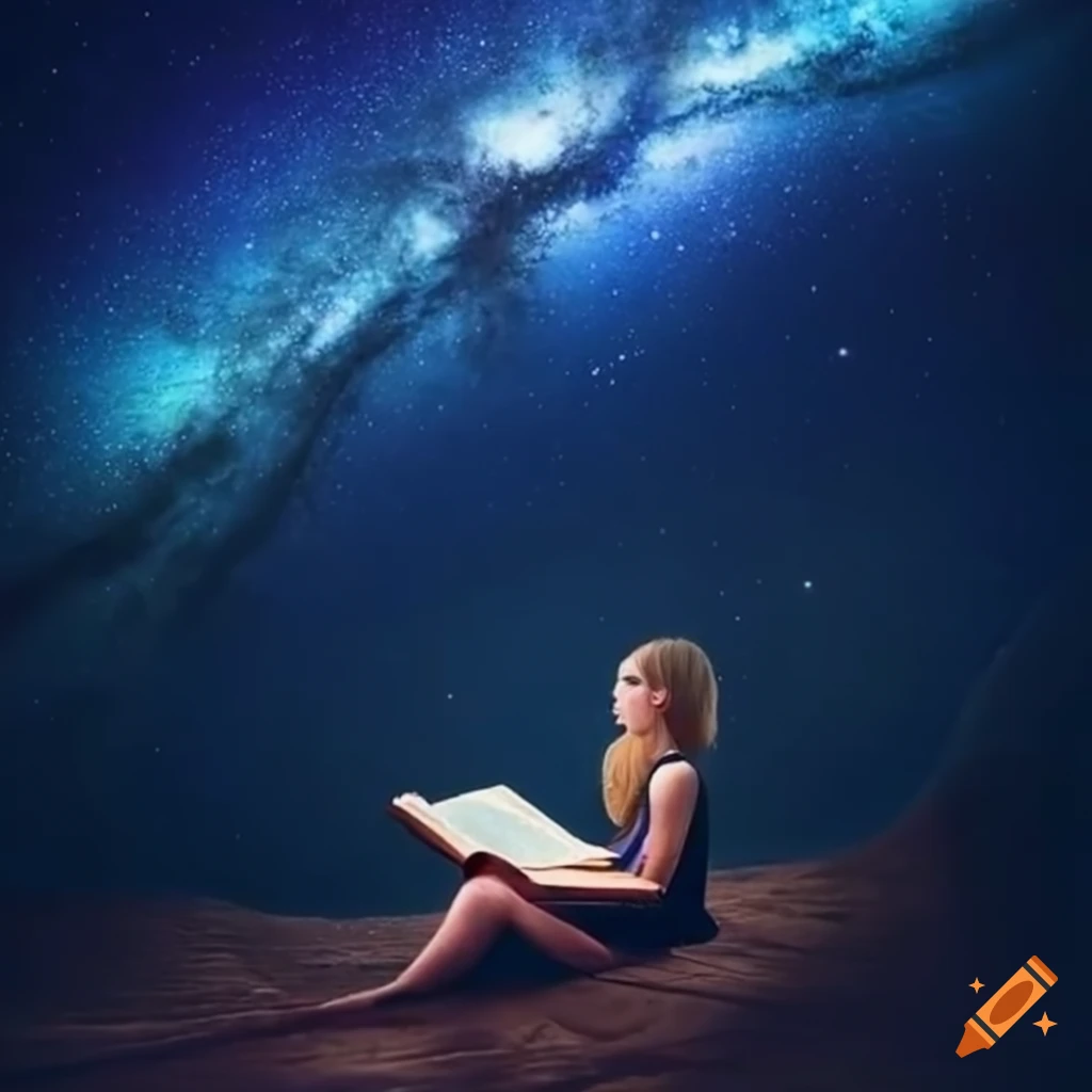 Woman reading under a captivating night sky on Craiyon