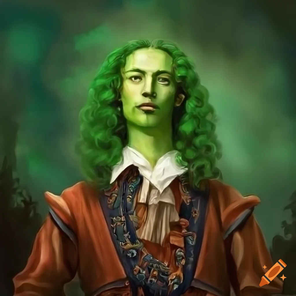 Green renaissance man in a wide fantasy artwork on Craiyon