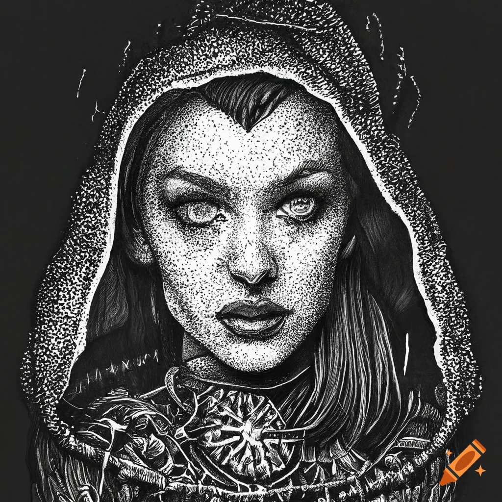 Stipple drawing of a dark sorceress from homm2