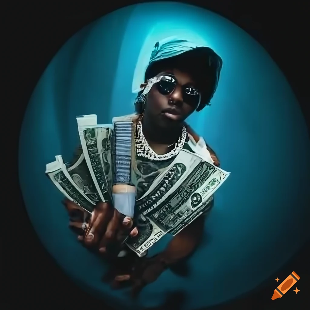 Futuristic money stack in rapper's hand on Craiyon
