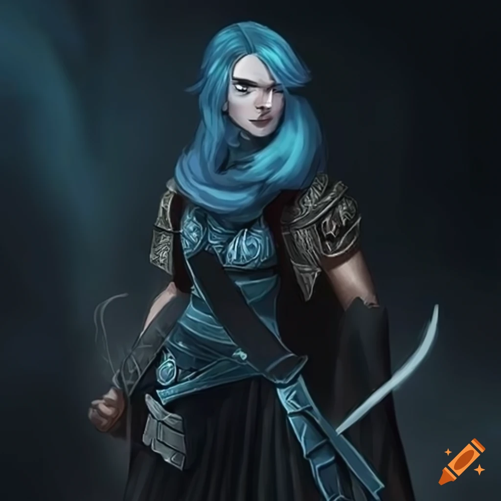 Illustration of a blue-haired female rogue on Craiyon