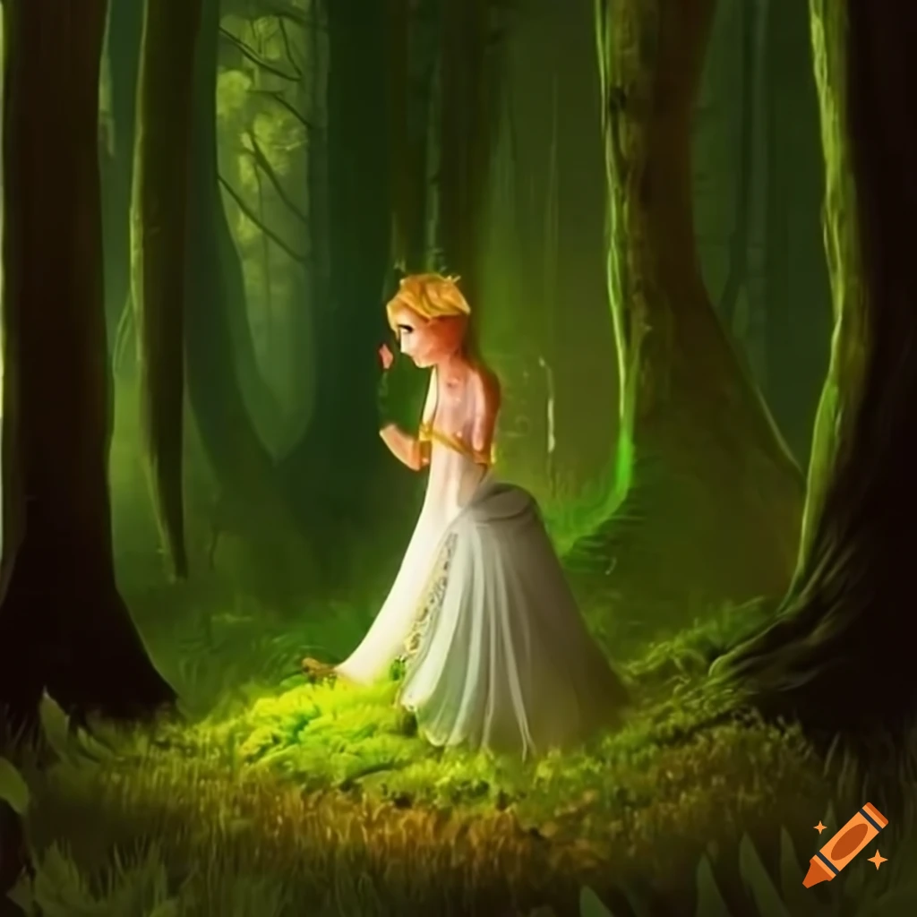 Disney princess and prince in a magical forest on Craiyon