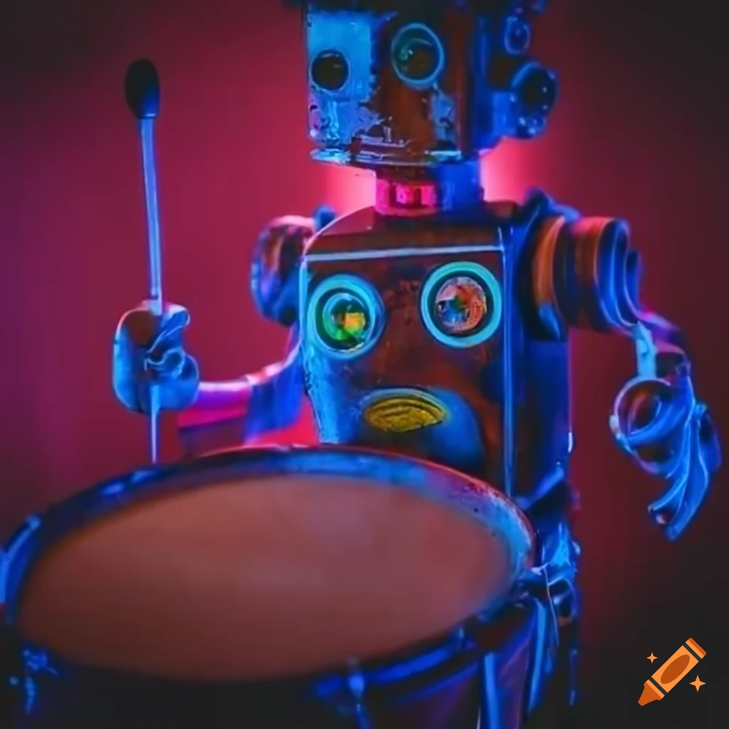 Colorful stage performance with dancing robot playing synth keyboard on ...