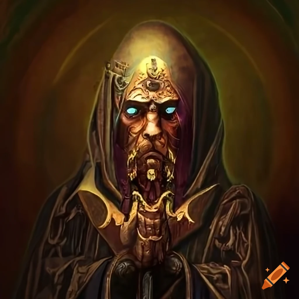 Image of a warlock with a staff and cryptic symbols on Craiyon