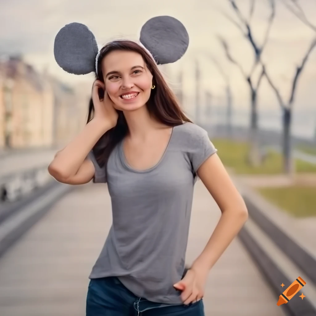 Young woman wearing mouse ears and gray shirt