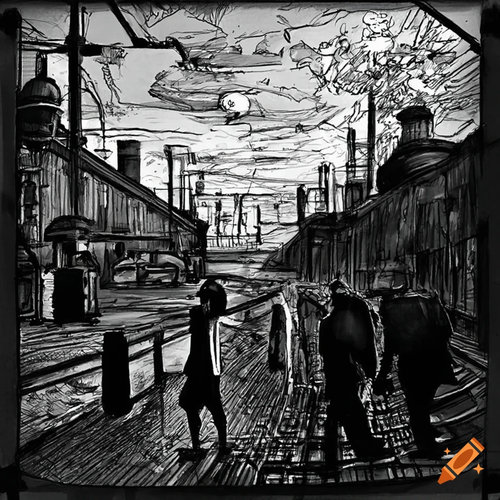 Sketch of people commuting in an industrial setting on Craiyon