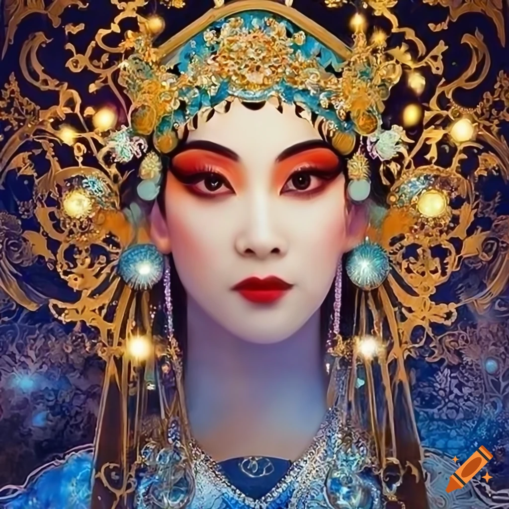 Watercolor painting of a chinese opera scene under a starry night sky ...