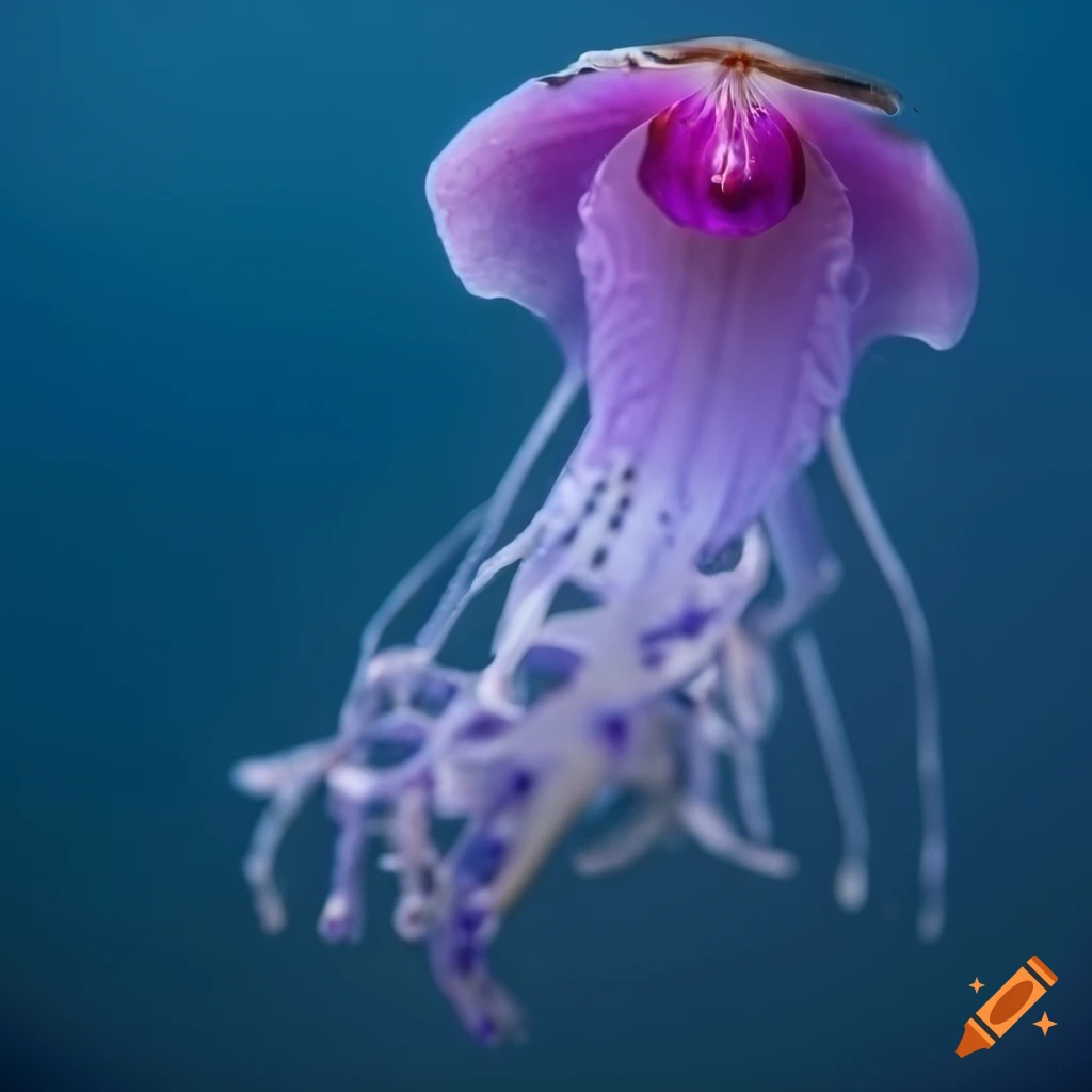 Wild orchid sea creature in dark blue underwater scene on Craiyon